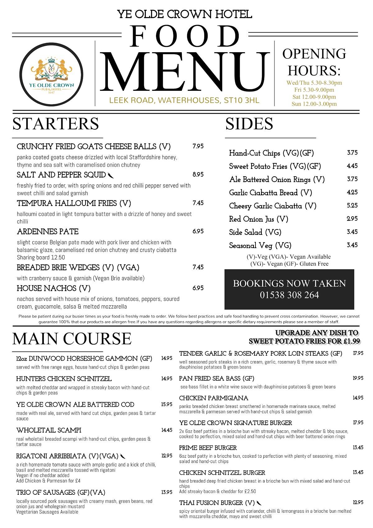 Menu at Ye Olde Crown Hotel pub & bar, Waterhouses
