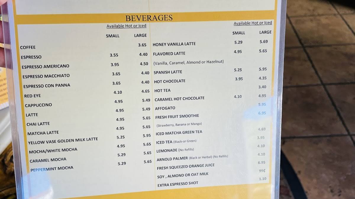 Menu at Yellow Vase cafe, Palos Verdes Estates, 51 Malaga Cove Plaza