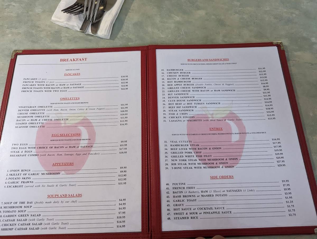 Menu at The Red Apple Restaurant, Yellowknife