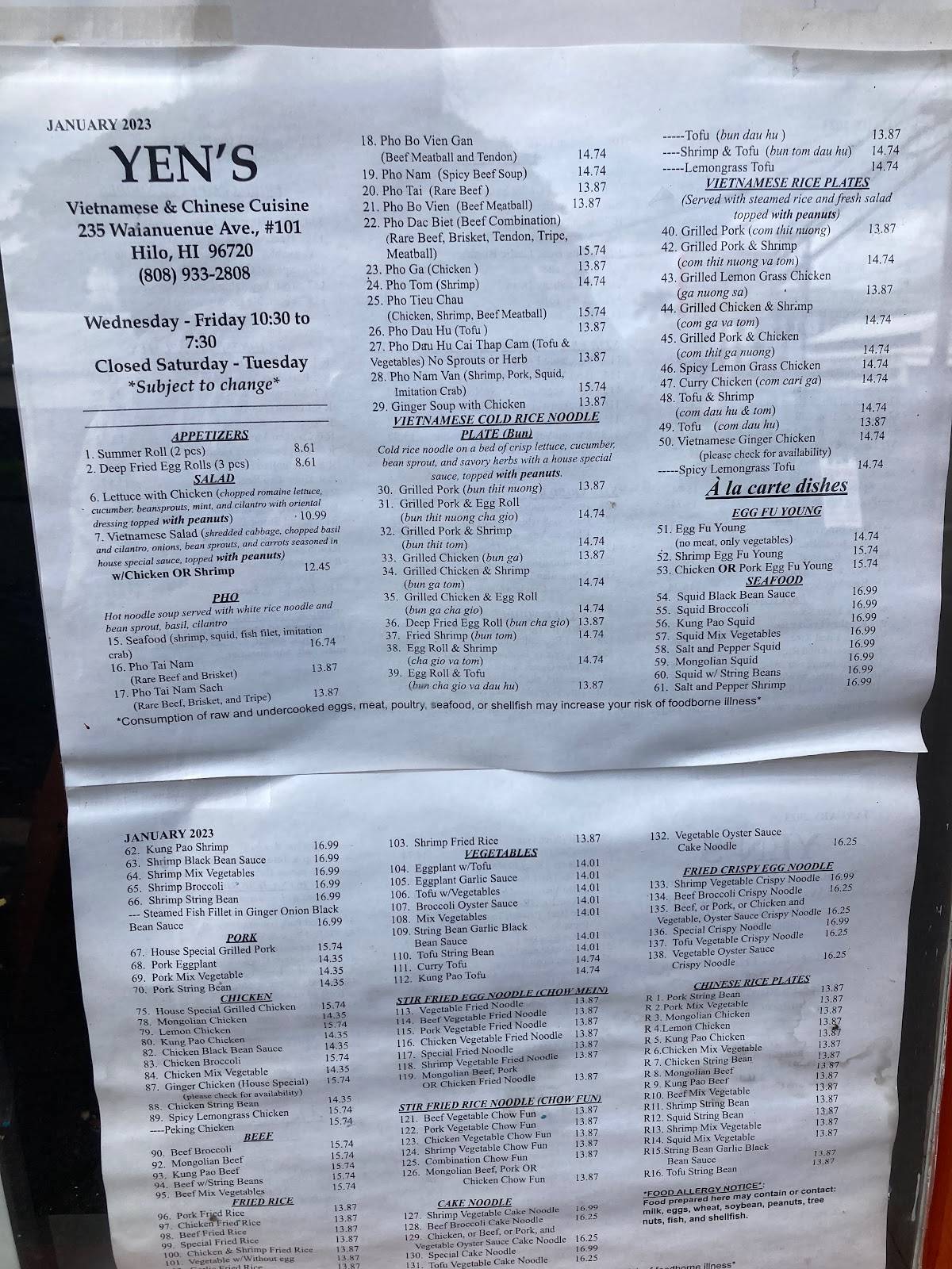 Menu at Yen's Cafe, Hilo