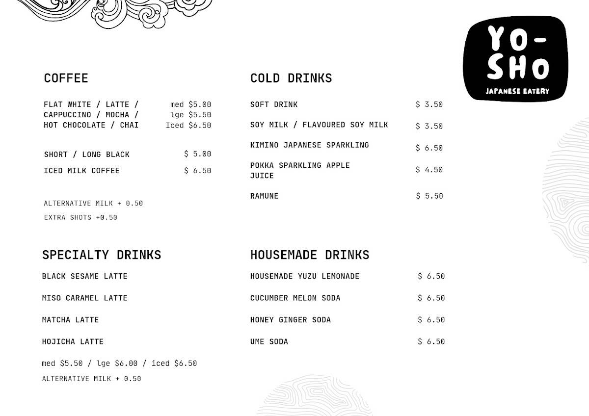 Menu at Yo-Sho Japanese Eatery restaurant, Australia