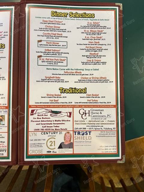Menu at Yogi's restaurant, Vicksburg