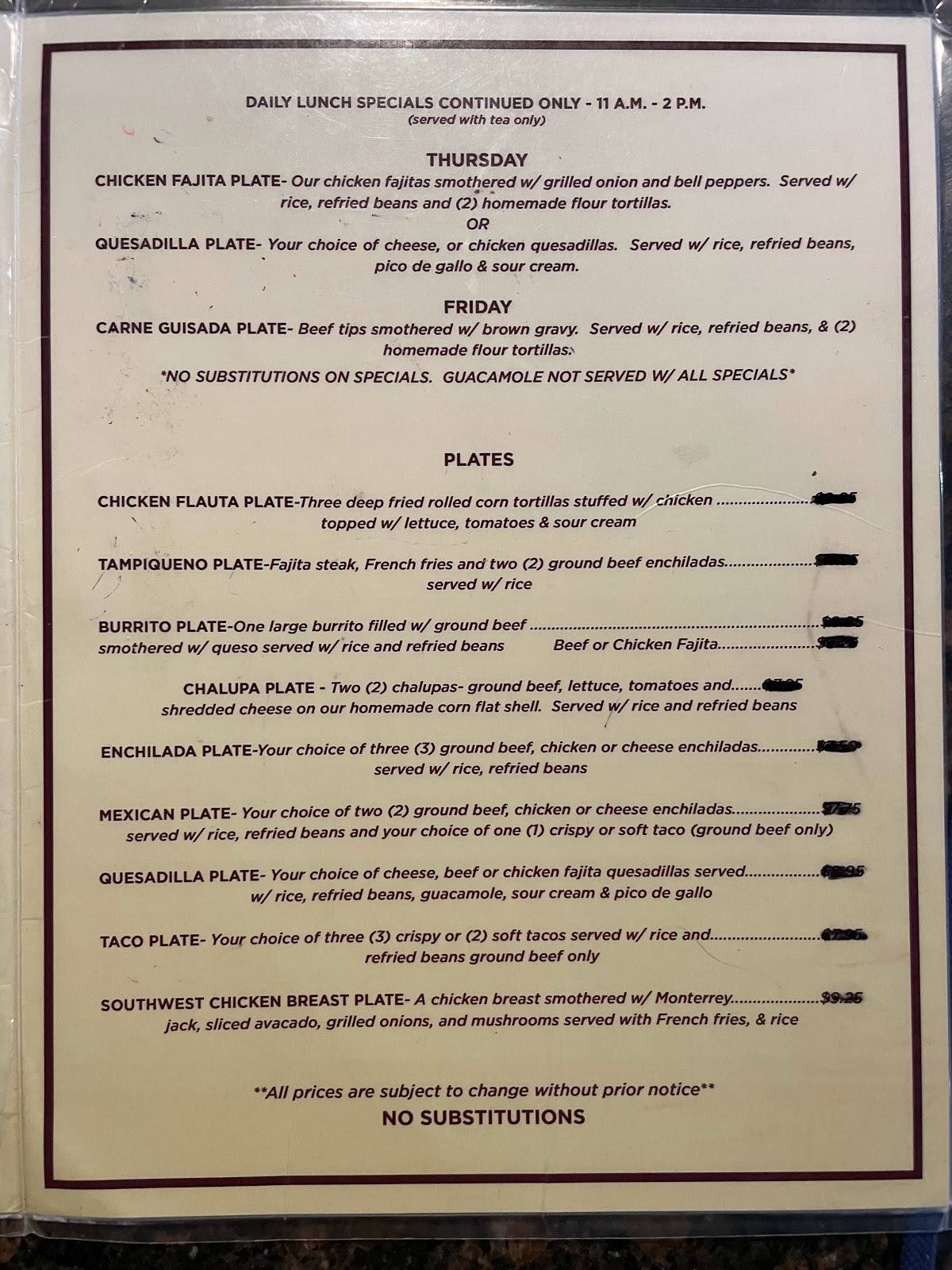 Menu at Yole's La Familia Taqueria restaurant, College Station