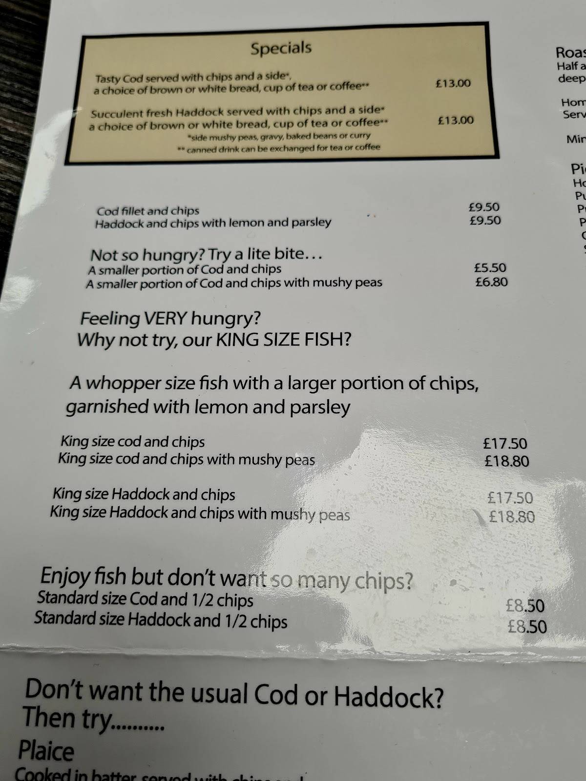 Menu at Yorkshire Fisheries restaurant, Blackpool
