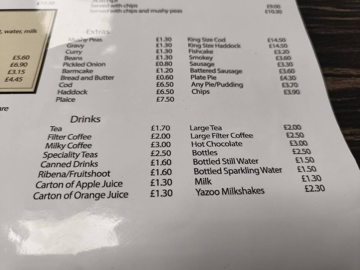 Menu at Yorkshire Fisheries restaurant, Blackpool