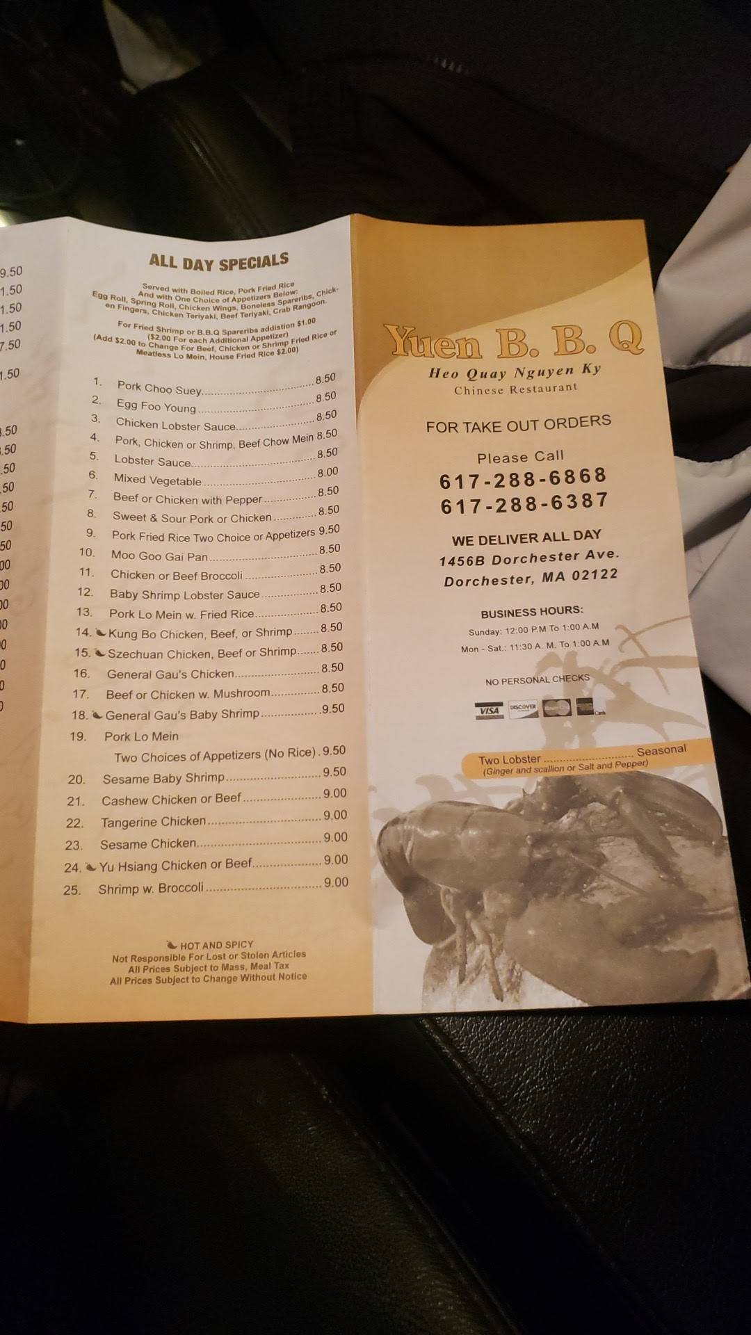 Menu at Yuen B.B.Q BBQ, Boston