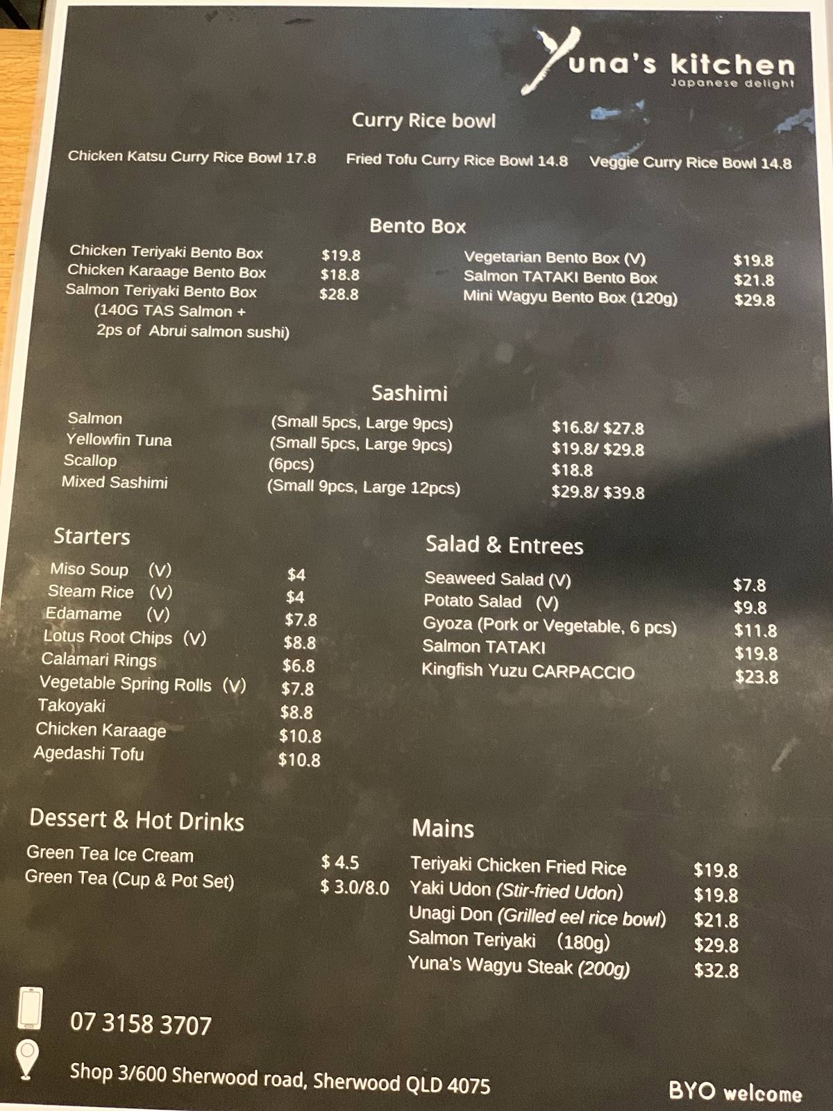 Menu at Yuna's Kitchen restaurant, Sherwood