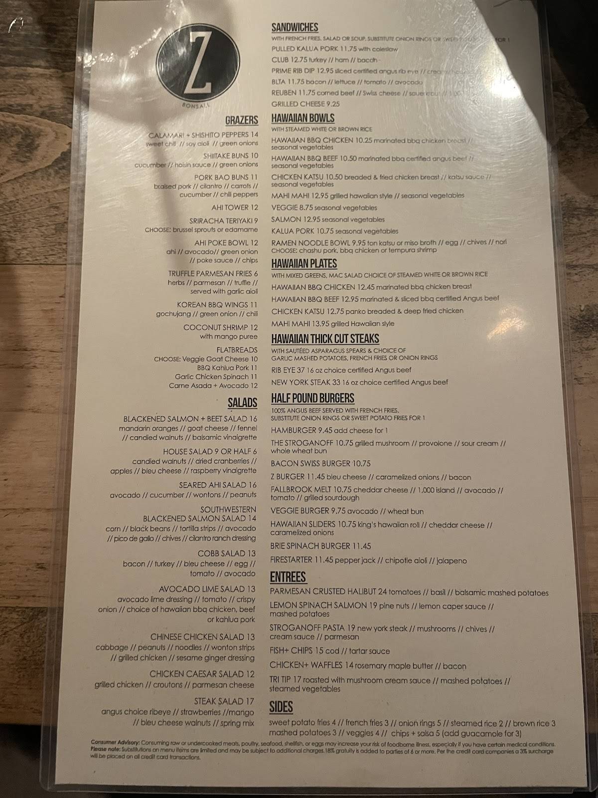 Menu at Z Cafe, Bonsall