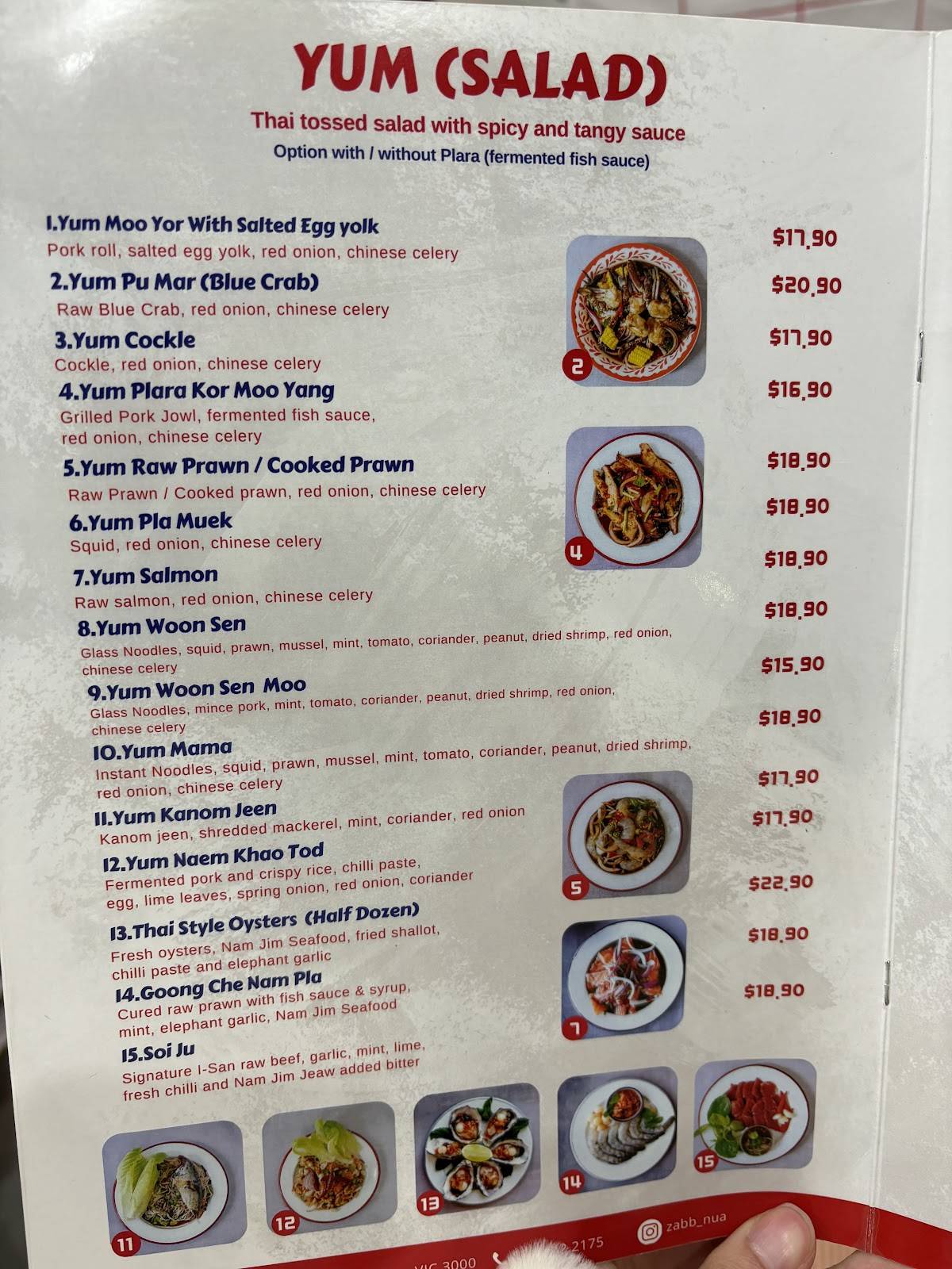 Menu at Zabb Nua restaurant, Melbourne