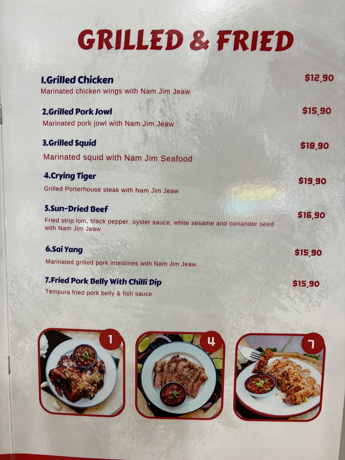 Menu at Zabb Nua restaurant, Melbourne