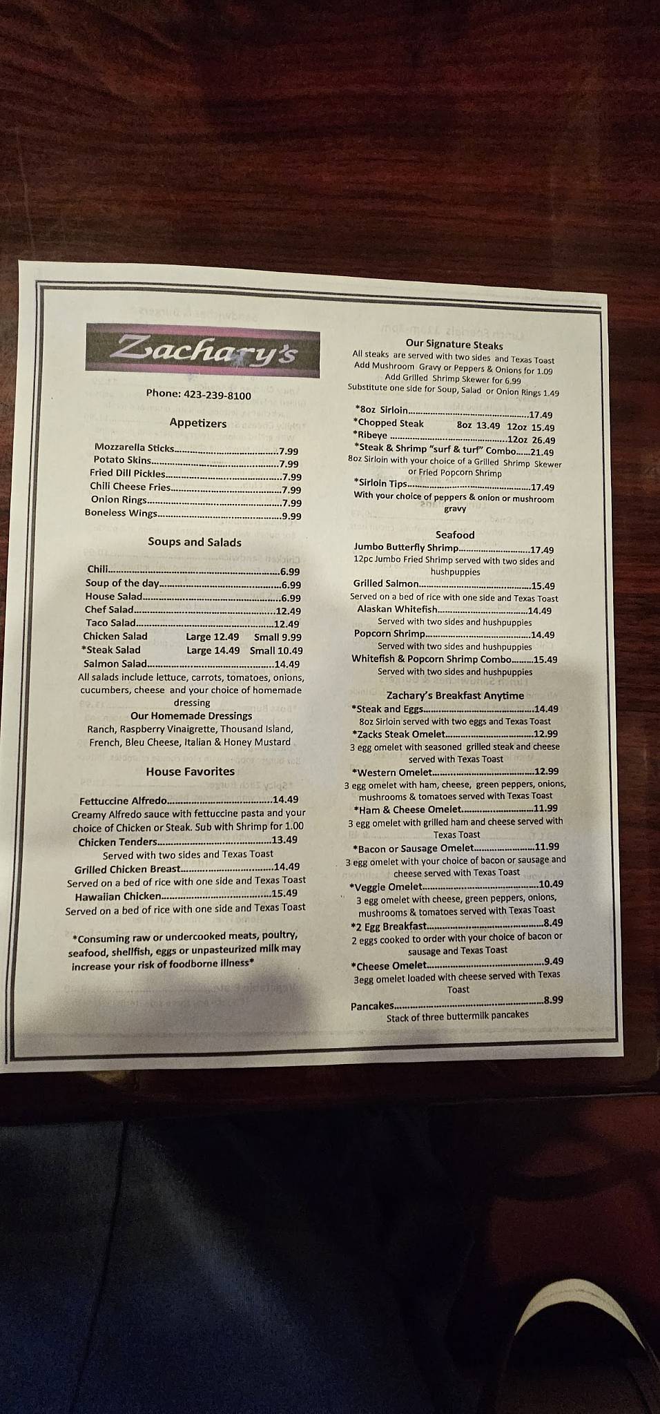 Menu at Zachary’s steakhouse, Kingsport