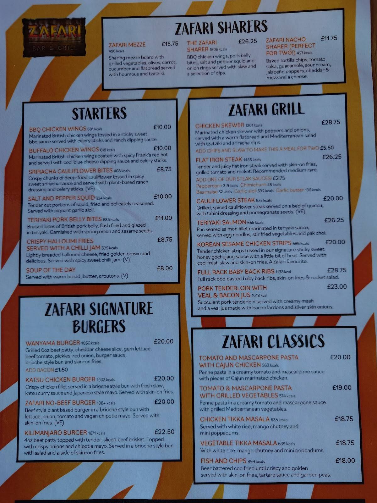 Menu at Zafari Bar and Grill, Chessington