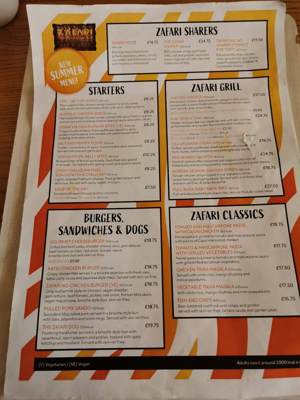 Menu at Zafari Bar and Grill, Chessington