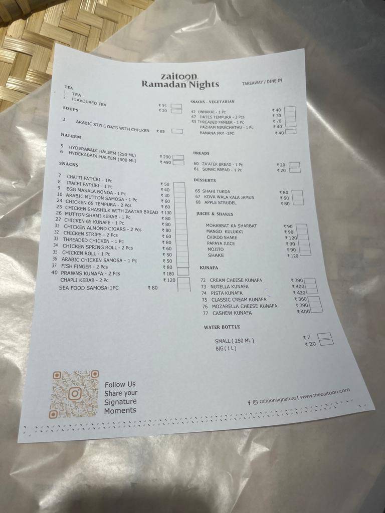 Menu at Zaitoon Signature, Chennai