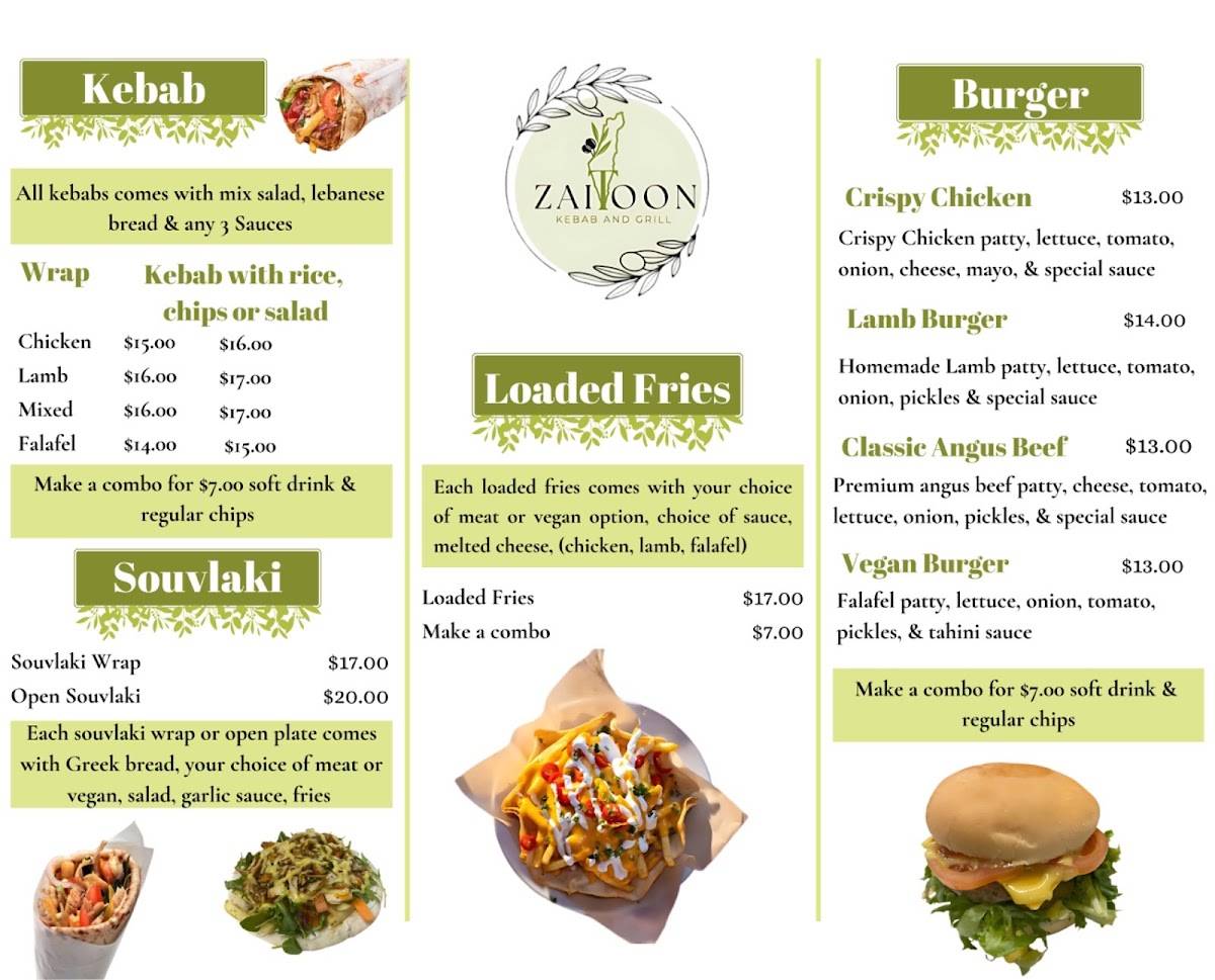 Menu at Zaitoon Kebab and Grill, New Zealand