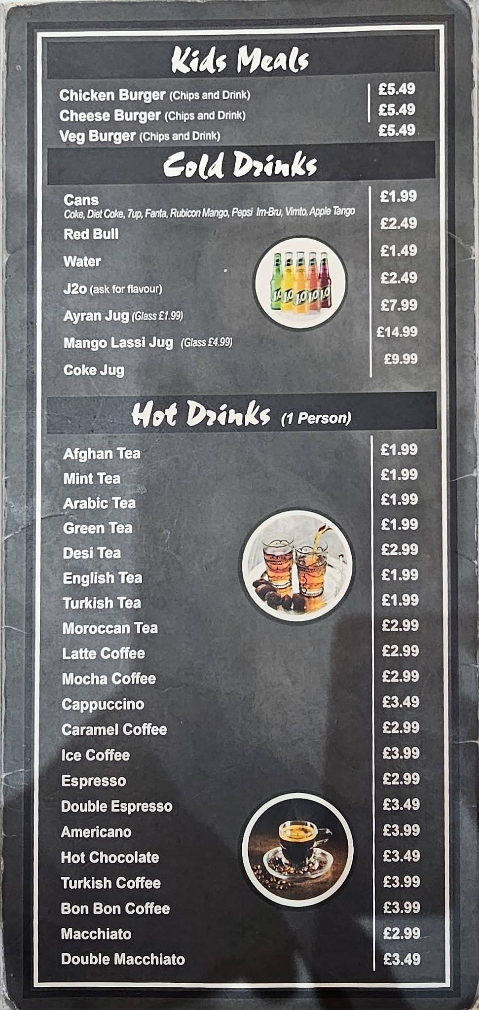 Menu at Zarafshan restaurant, Manchester