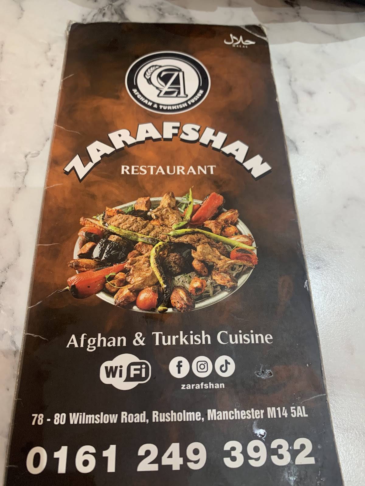 Menu at Zarafshan restaurant, Manchester