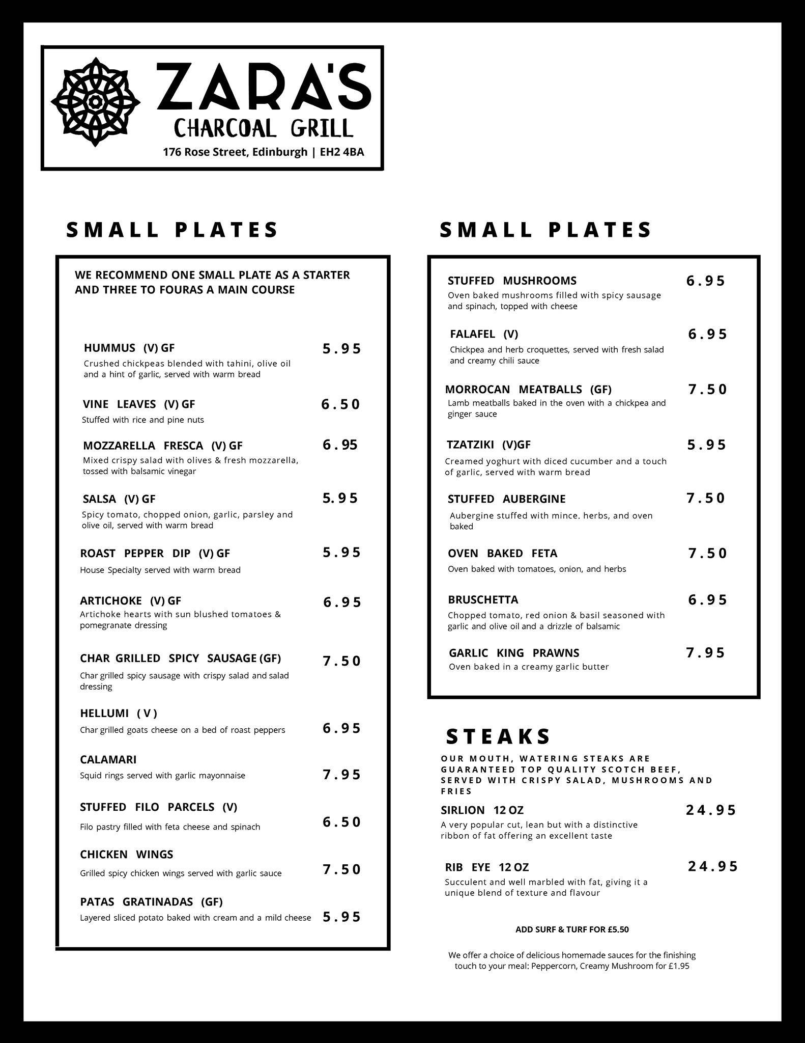 Menu at Zara's Mediterranean Bistro restaurant, Edinburgh
