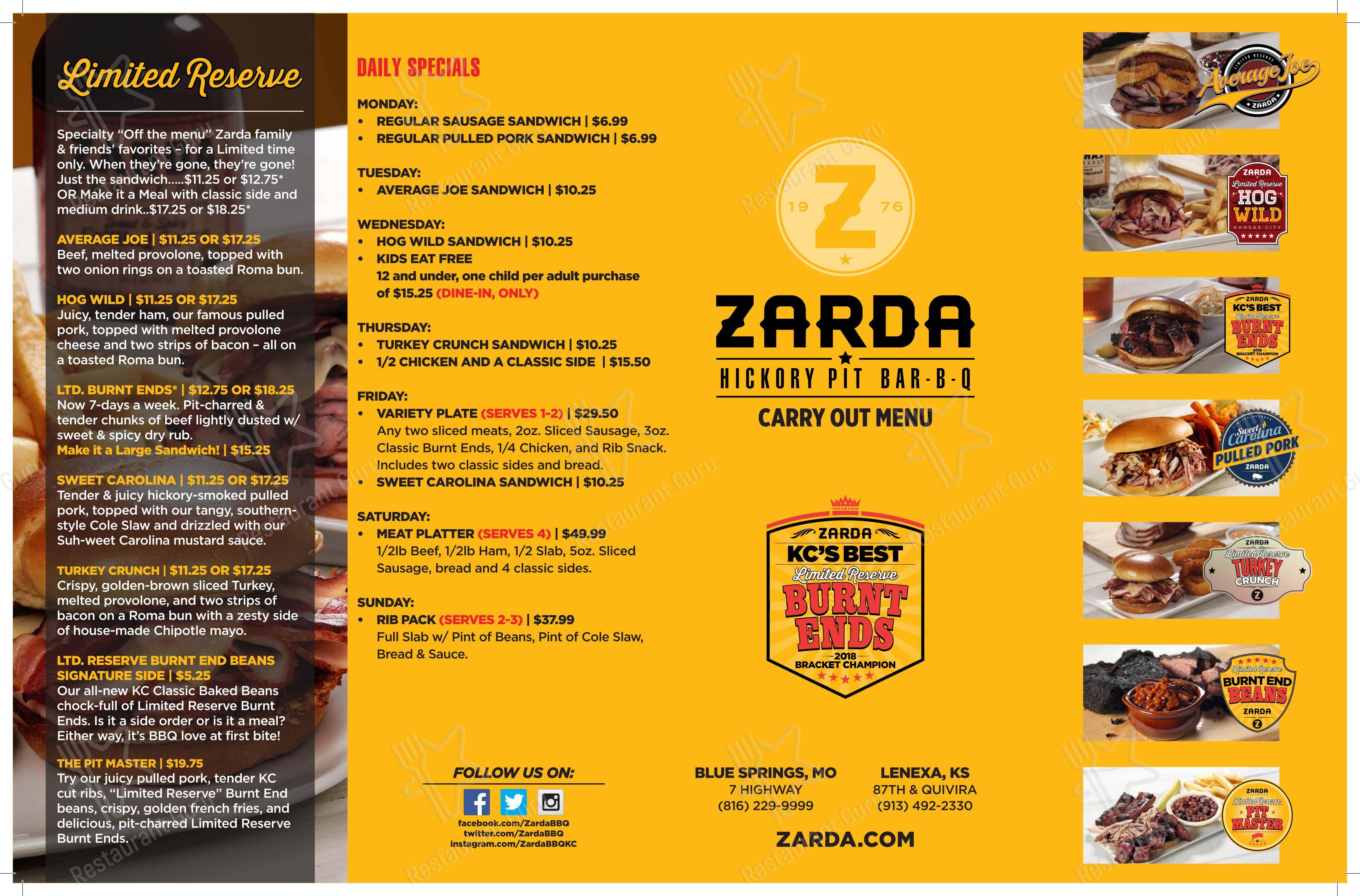 Menu at Zarda Bar-B-Q, Lenexa, W 87th St Pkwy
