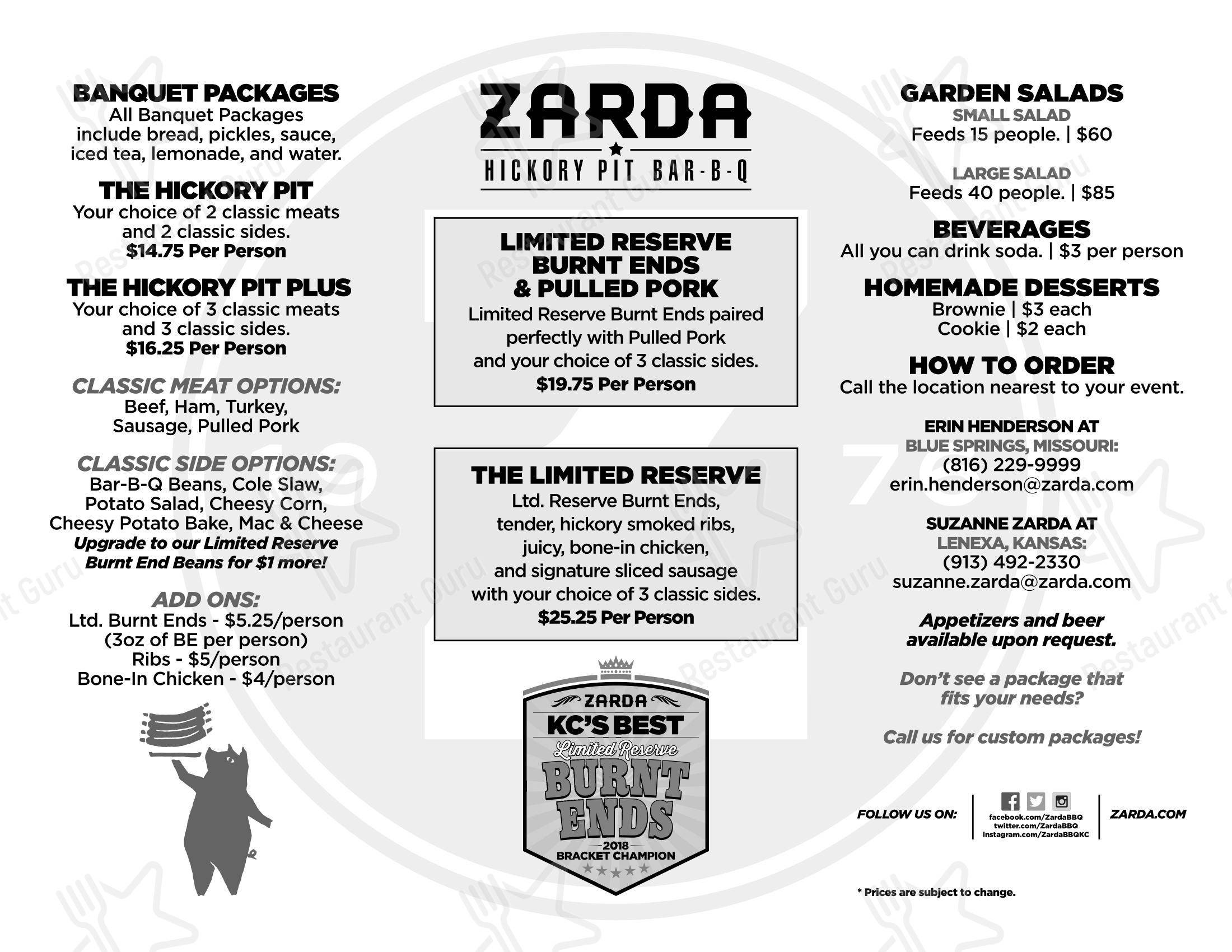 Menu at Zarda Bar-B-Q, Lenexa, W 87th St Pkwy