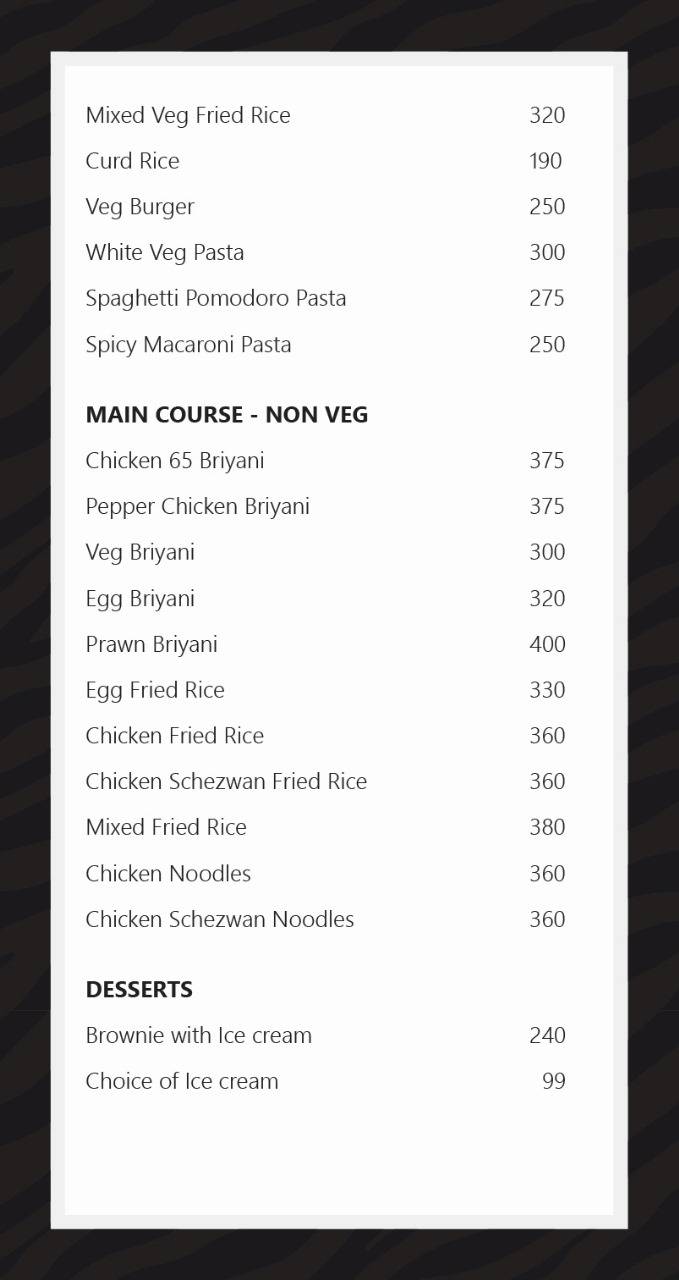 Menu at Zebra Crossing Lounge, Chennai