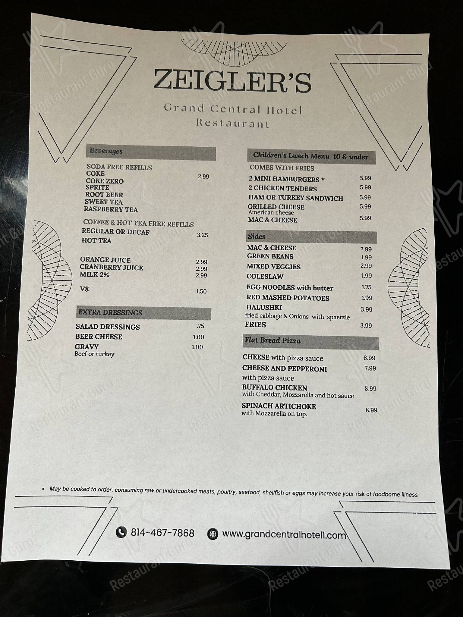 Menu at Zeigler's Grand Central Hotel, Inc. pub & bar, Windber