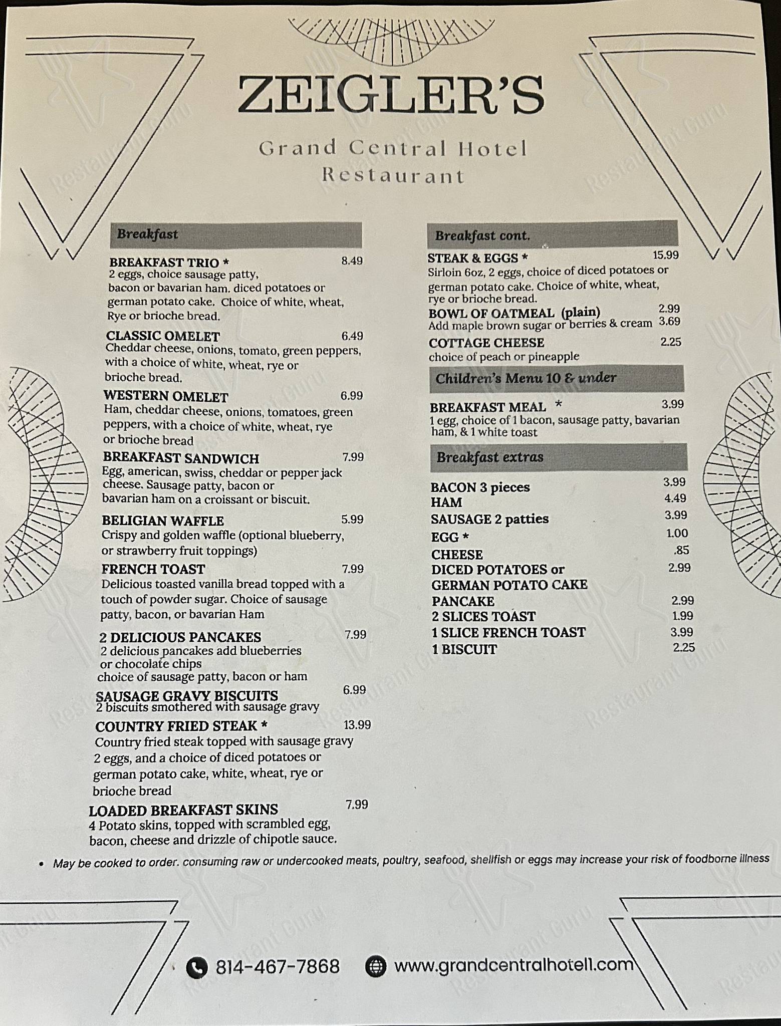 Menu at Zeigler's Grand Central Hotel, Inc. pub & bar, Windber