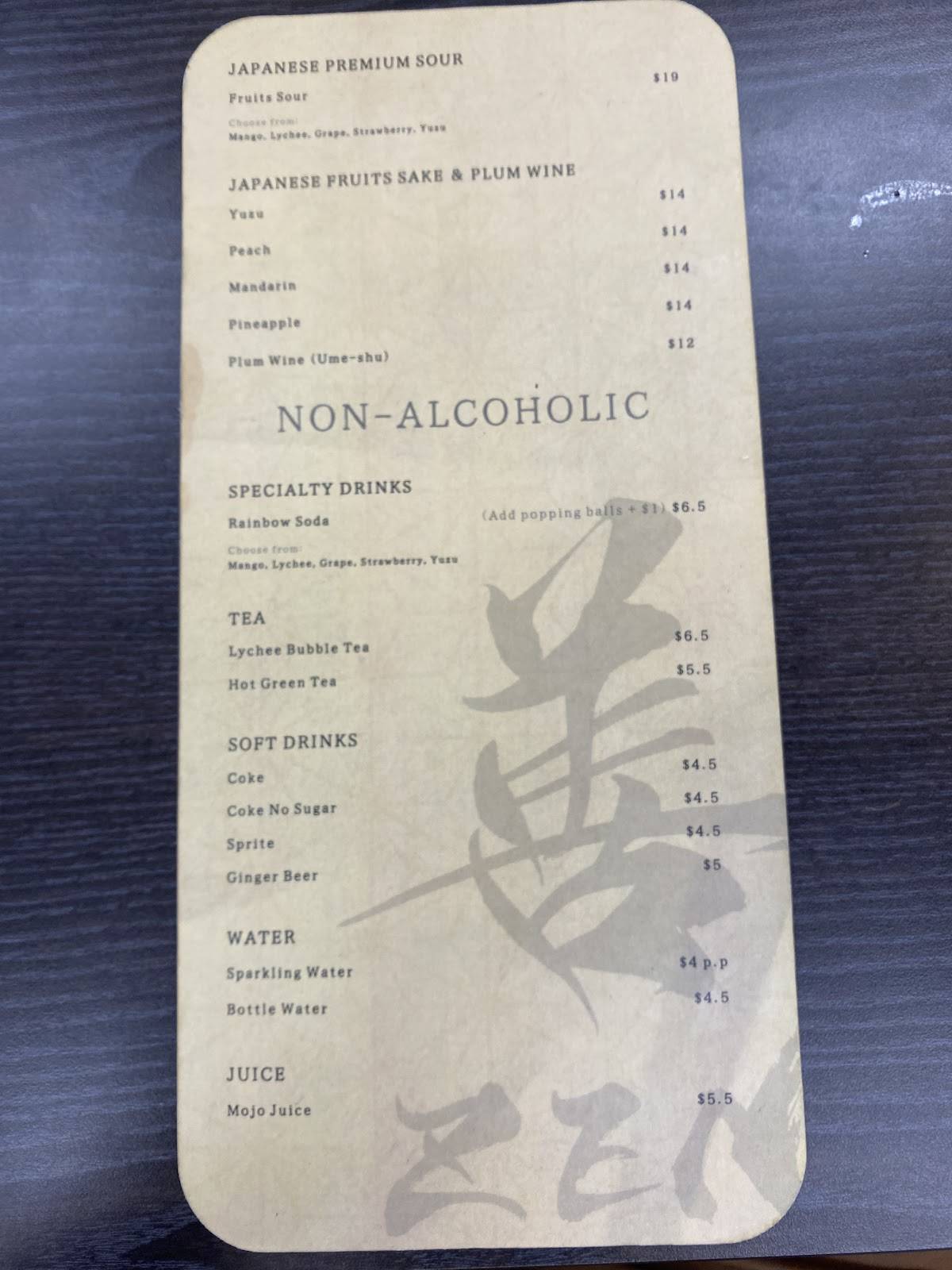 Menu at Zen Japanese restaurant, Buderim