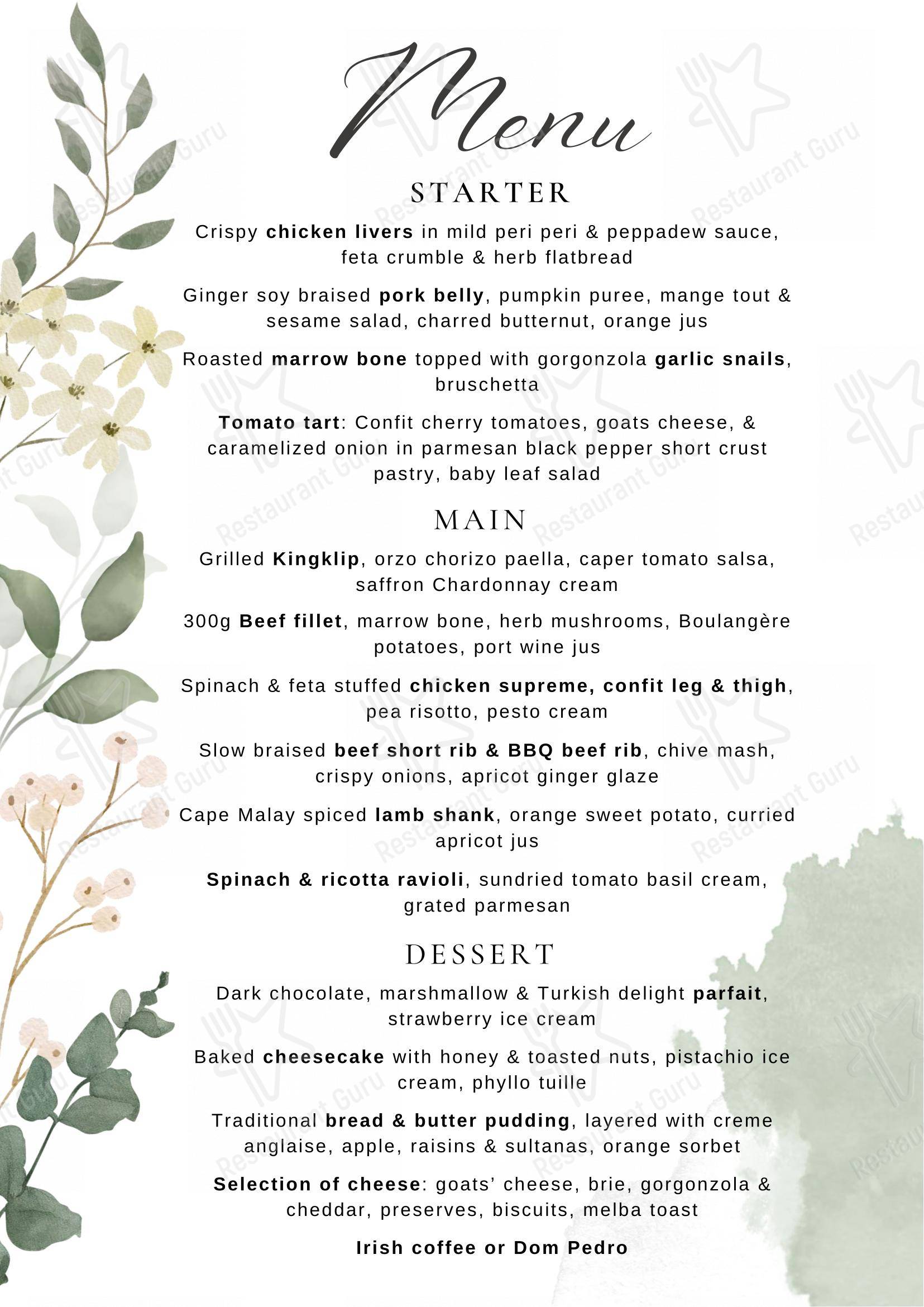Menu at Zest Restaurant, Nelspruit