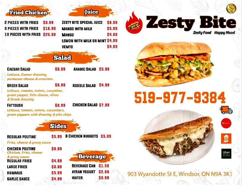 Menu at Zesty Bit restaurant, Windsor