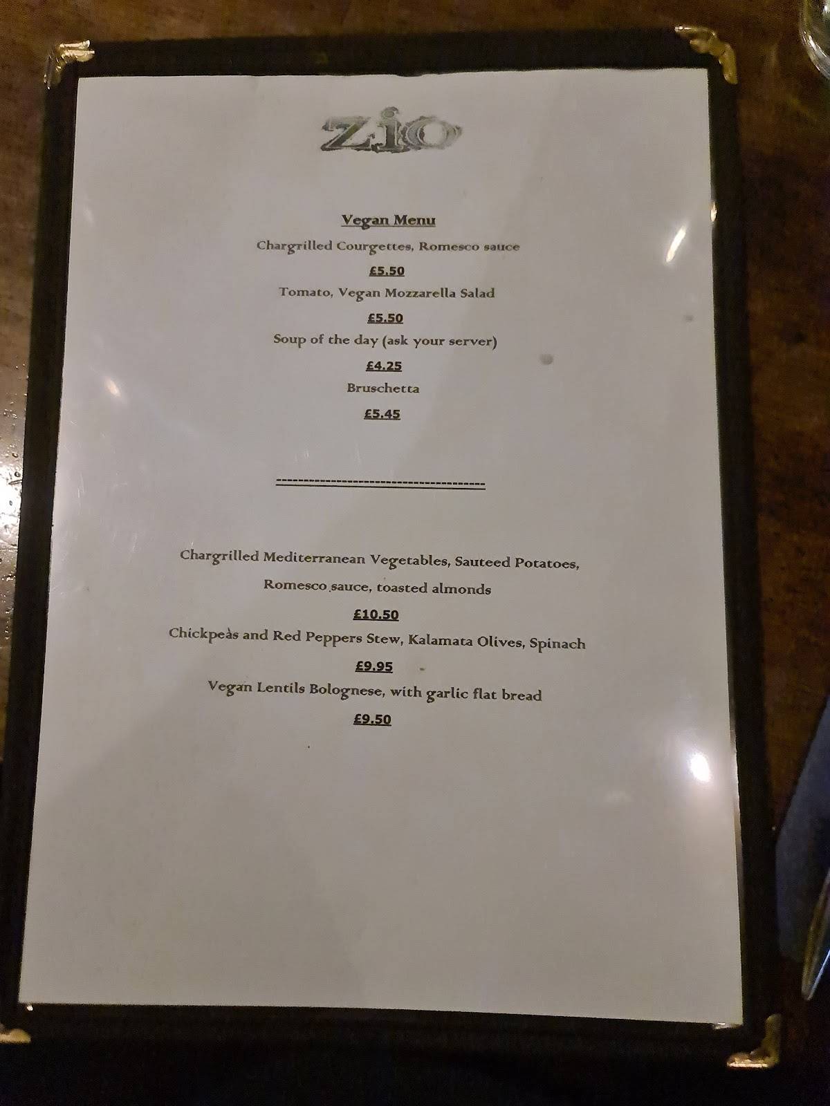 Menu at Zio restaurant, Portadown