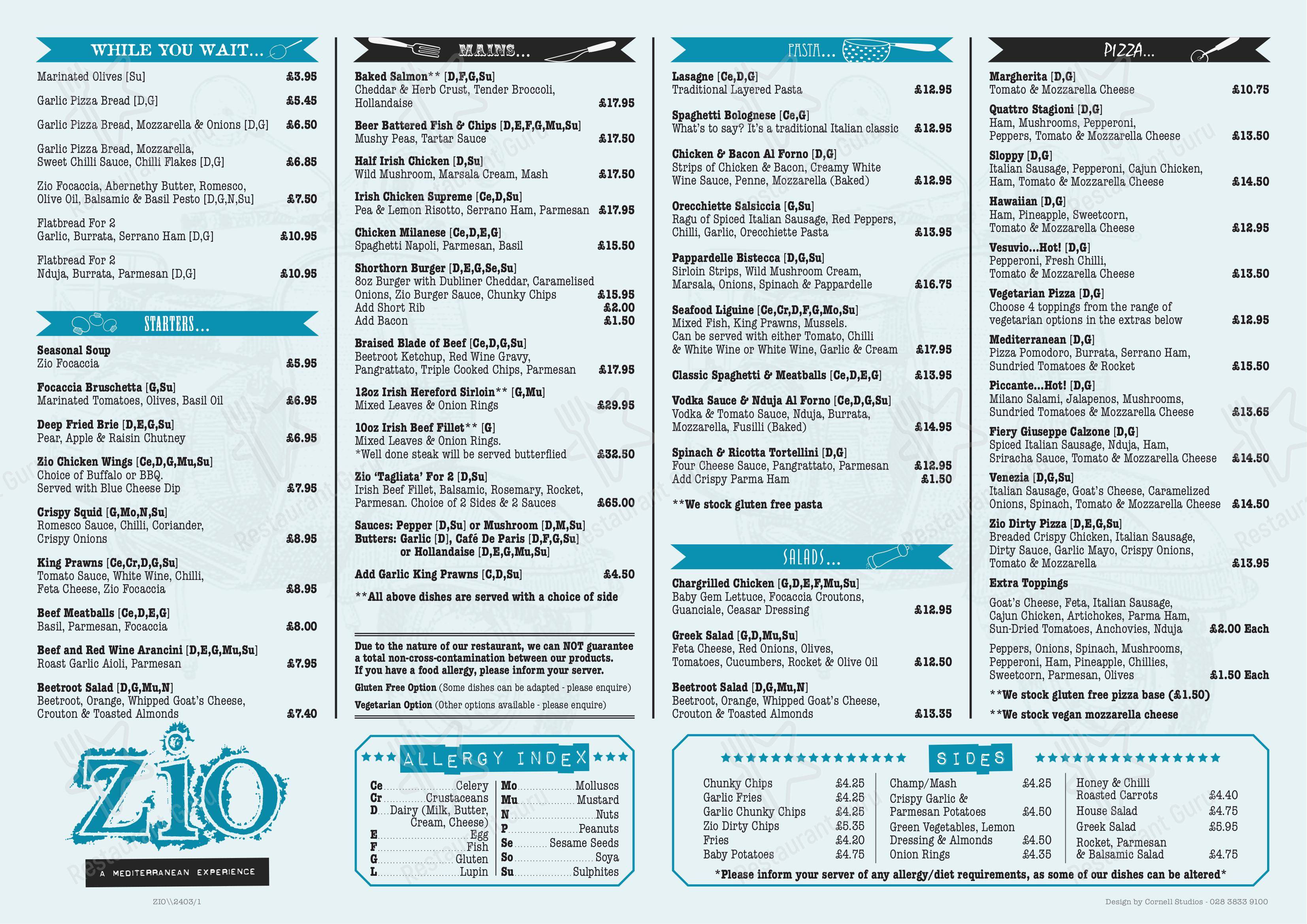 Menu at Zio restaurant, Craigavon