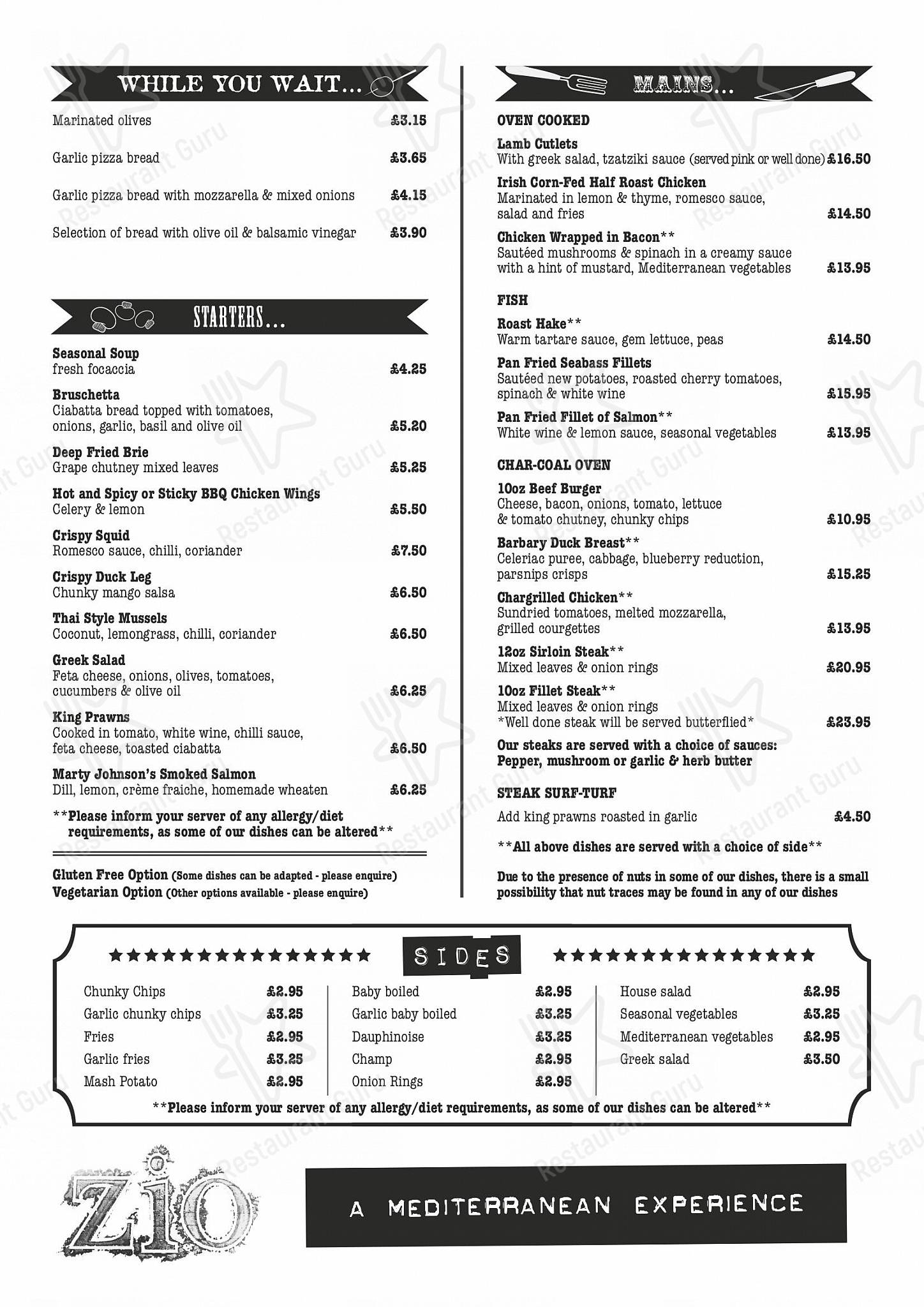 Menu at Zio restaurant, Craigavon