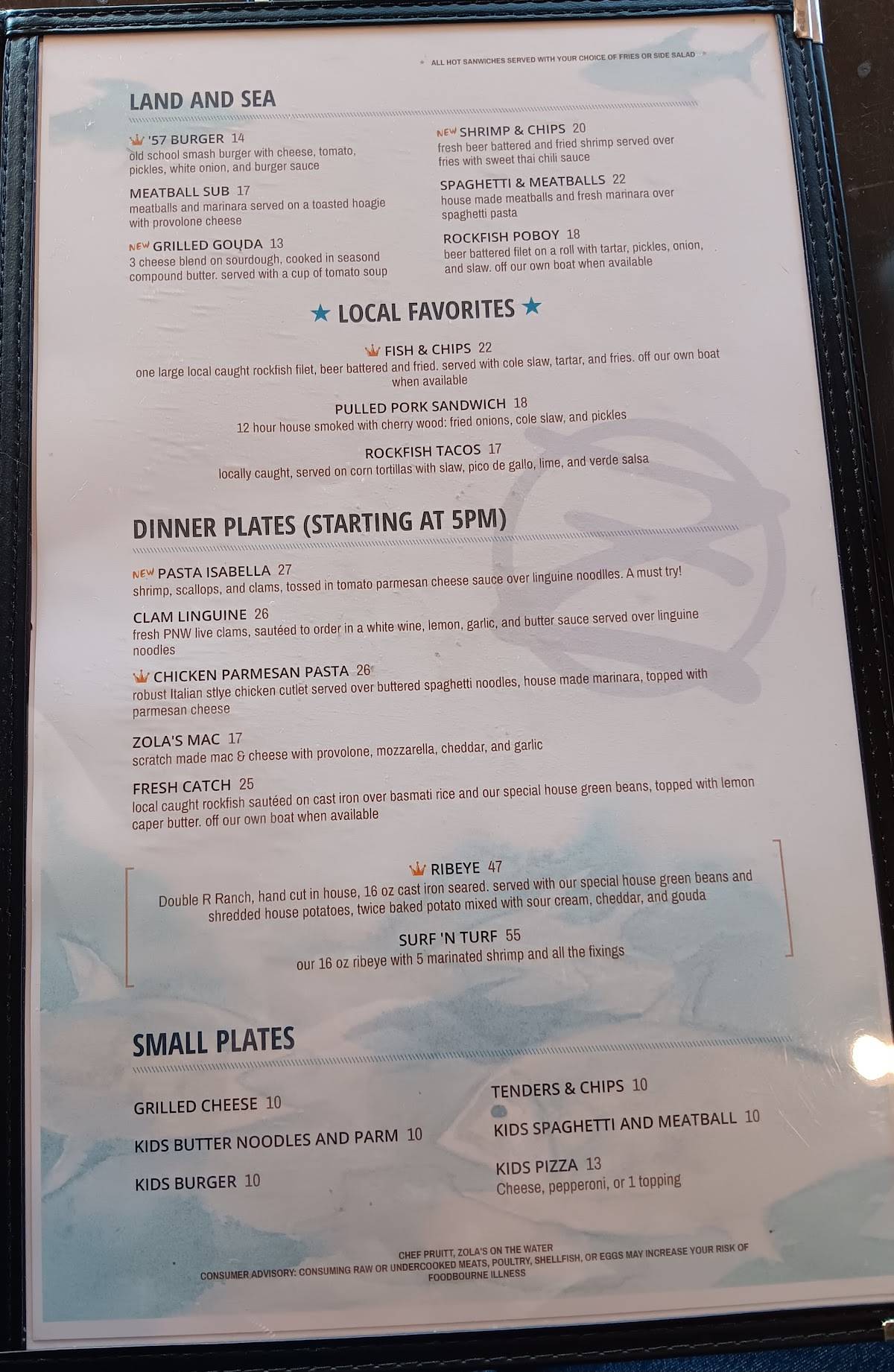Menu at Zola's on the Water pub & bar, Brookings