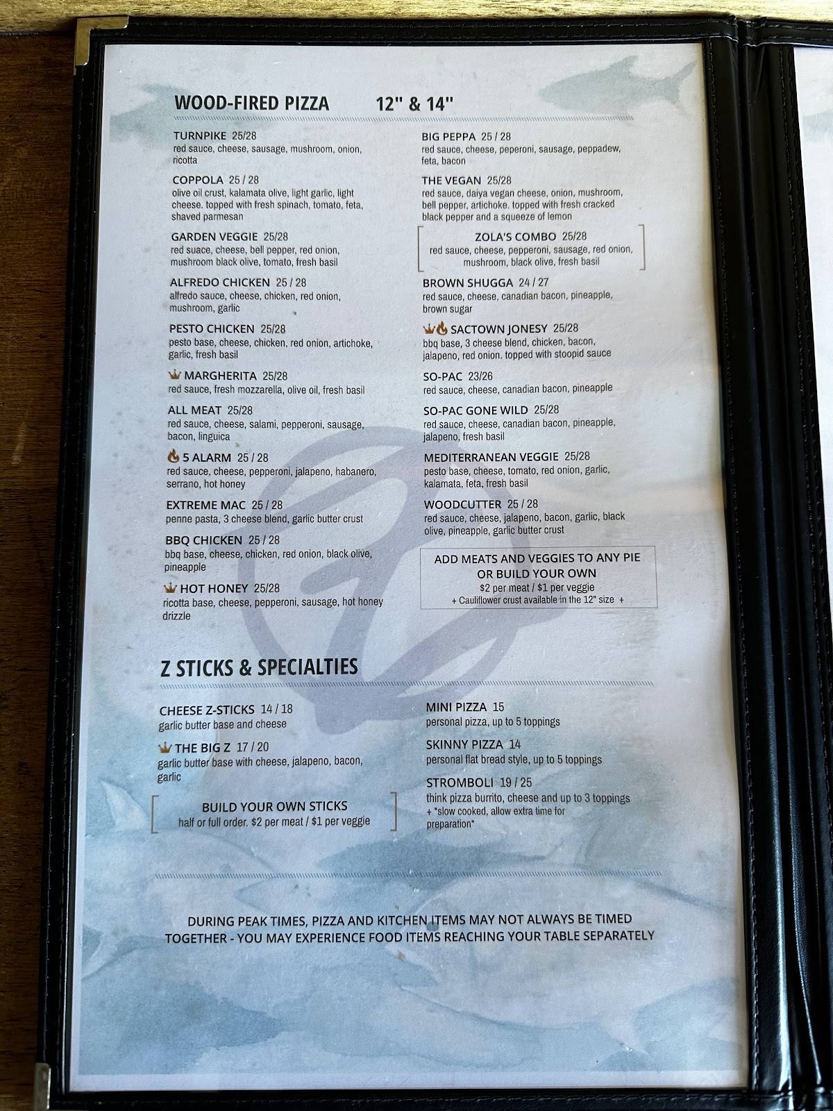 Menu at Zola's on the Water pub & bar, Brookings