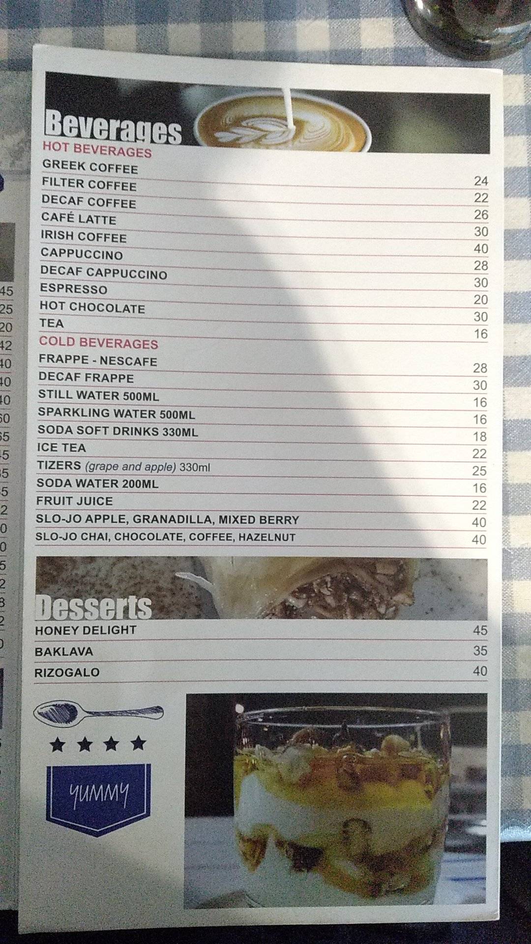 Menu at Zorbas Taverna restaurant, Boksburg