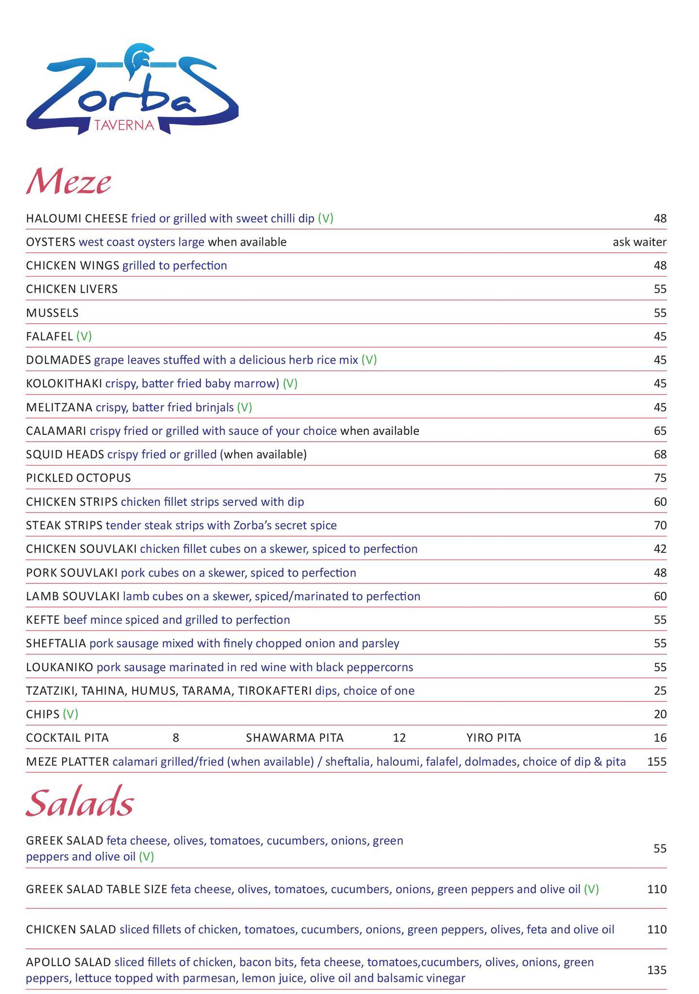 Menu at Zorbas Taverna restaurant, Boksburg