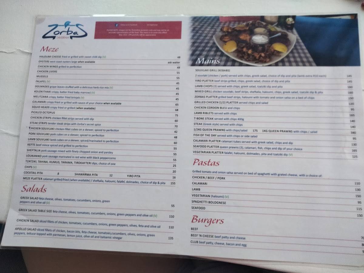 Menu at Zorbas Taverna restaurant, Boksburg