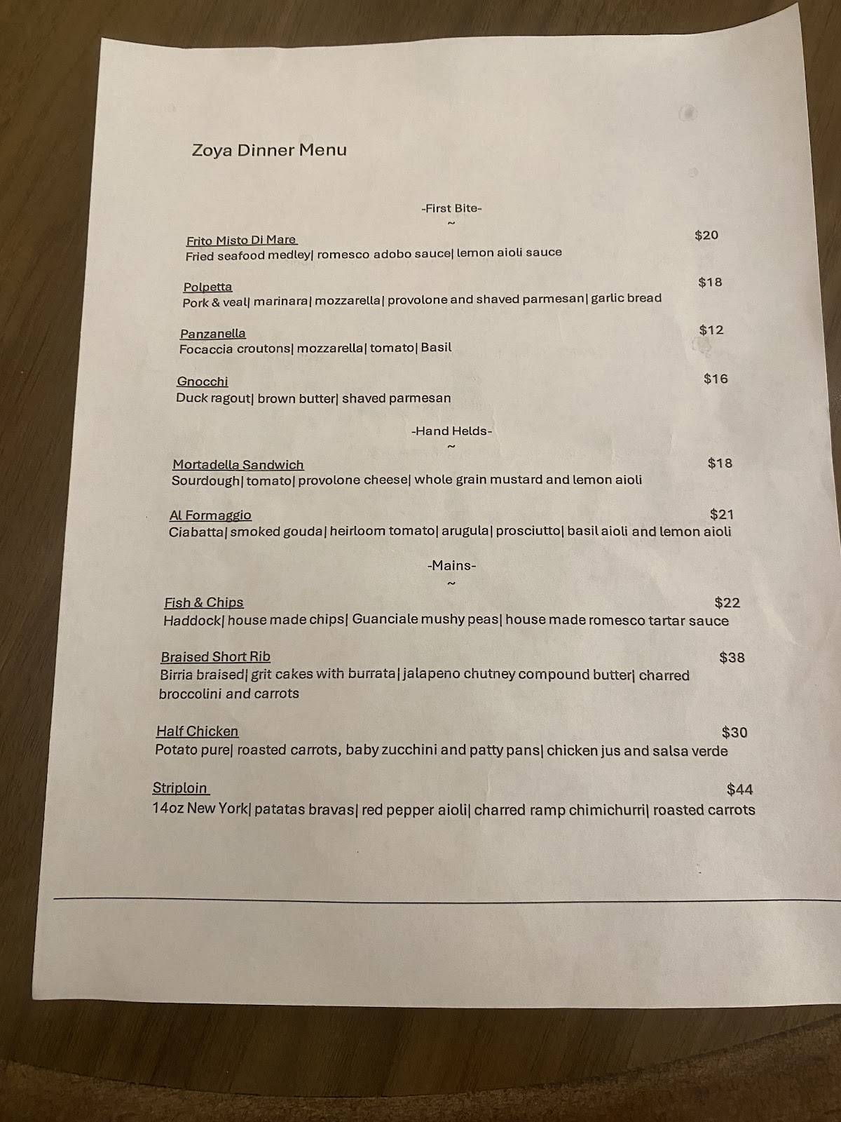Menu at Zoya restaurant, Mount Juliet