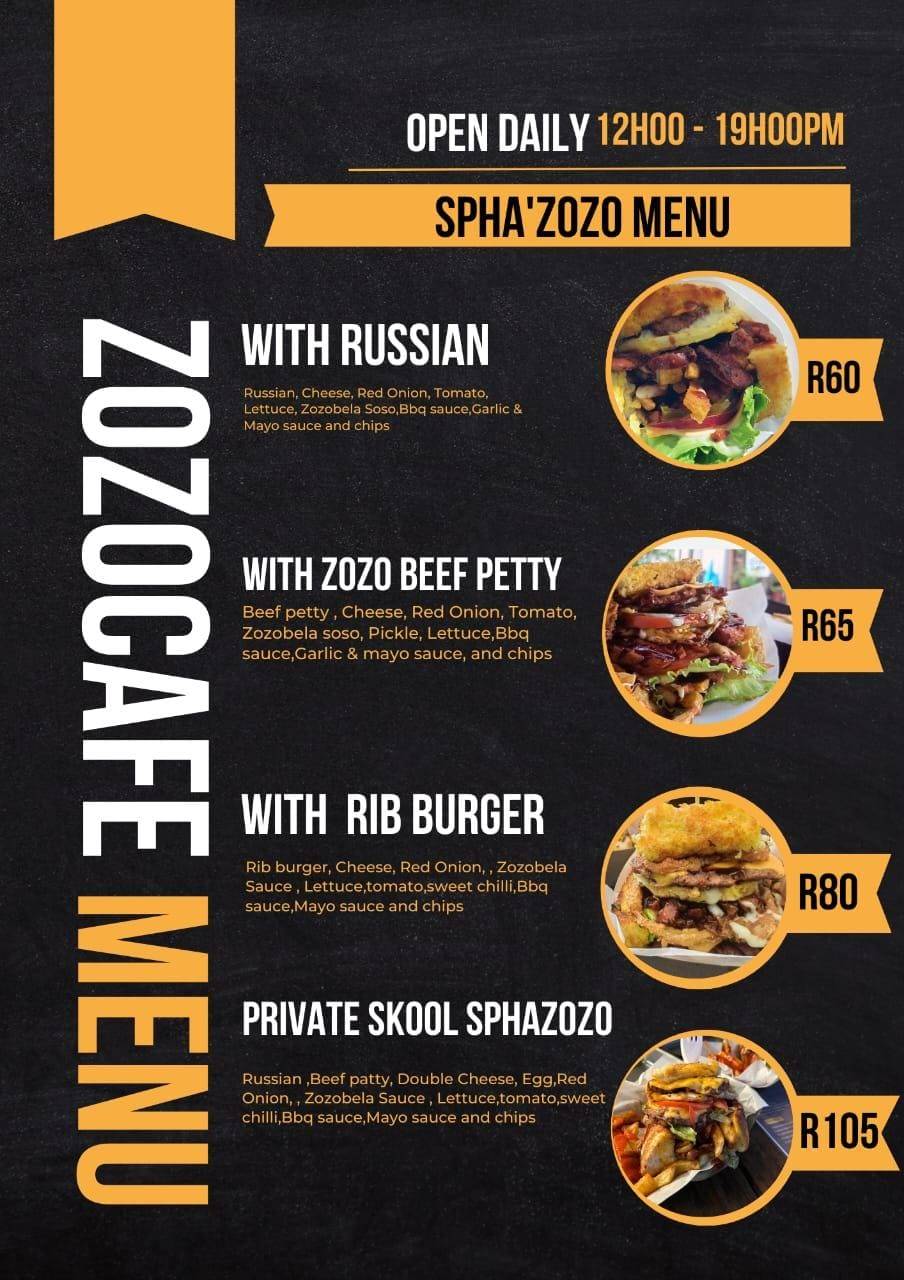 Menu at Zozo Cafe Westpark, Pretoria
