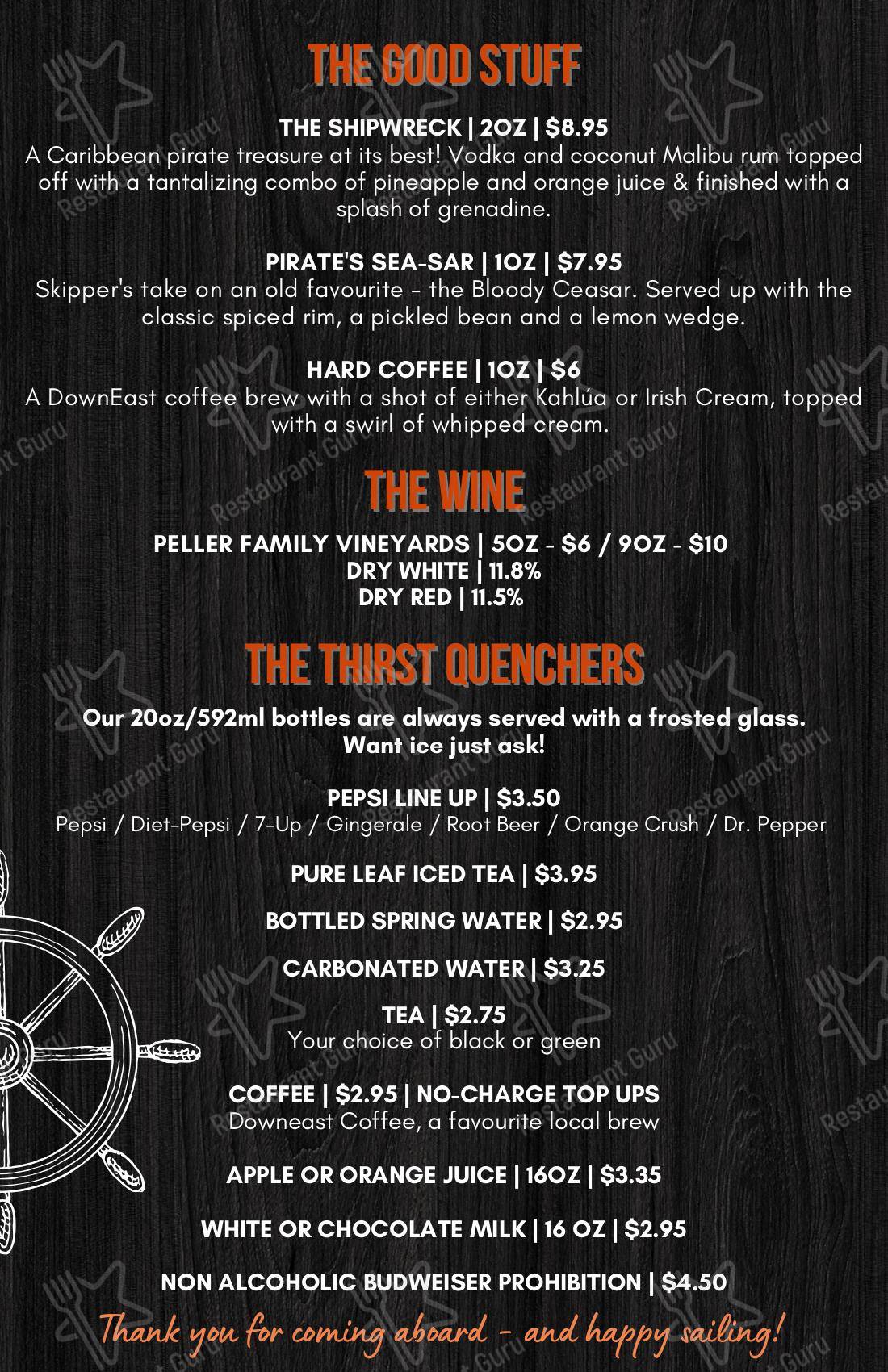 Menu at Skipper Jack's Maritime Restaurant, Moncton