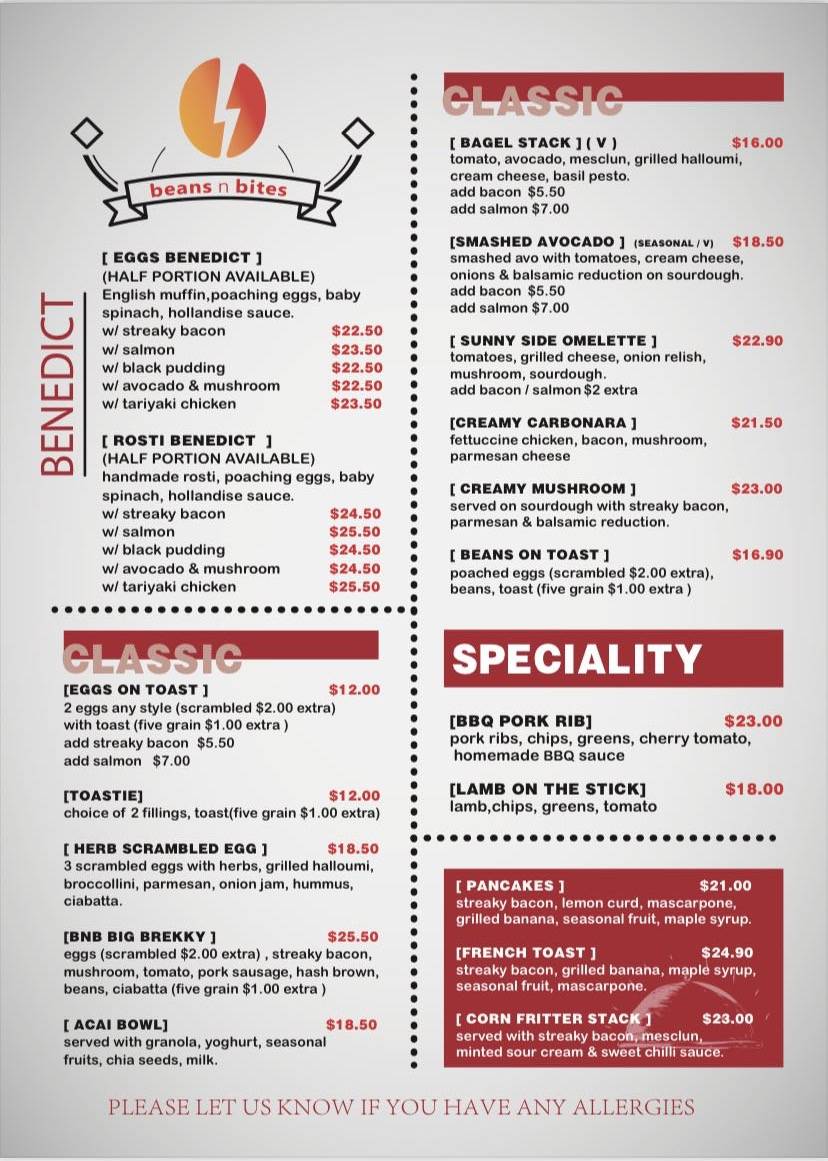 Menu at beans n bites cafe, Whangaparaoa, 2/651 Whangaparaoa Rd