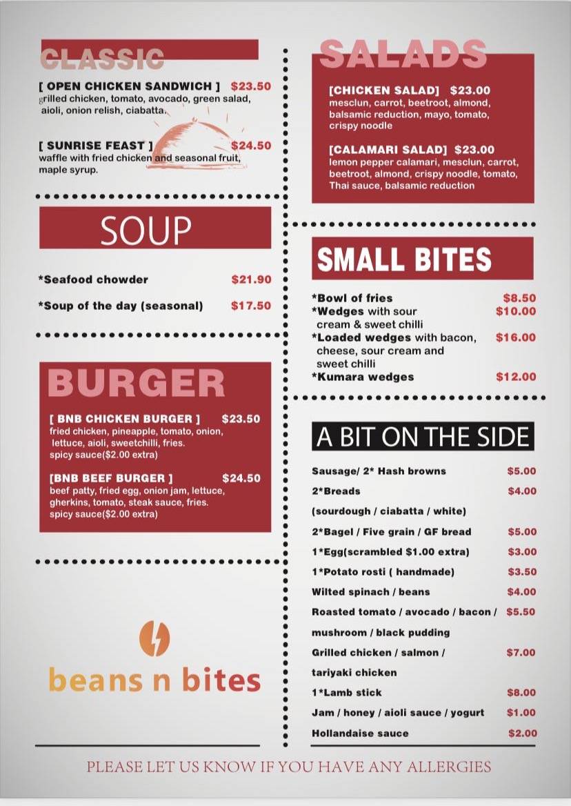 Menu at beans n bites cafe, Whangaparaoa, 2/651 Whangaparaoa Rd