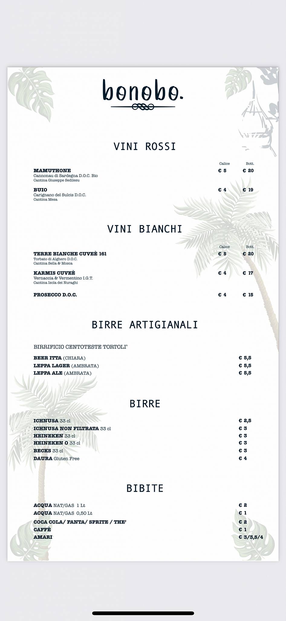 Menu da bonobo. ristorante, Tortolì