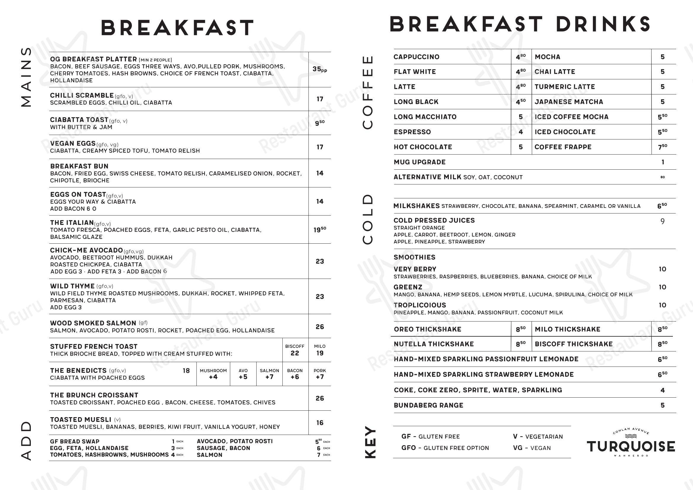 Menu at Turquoise Fremantle cafe, North Fremantle