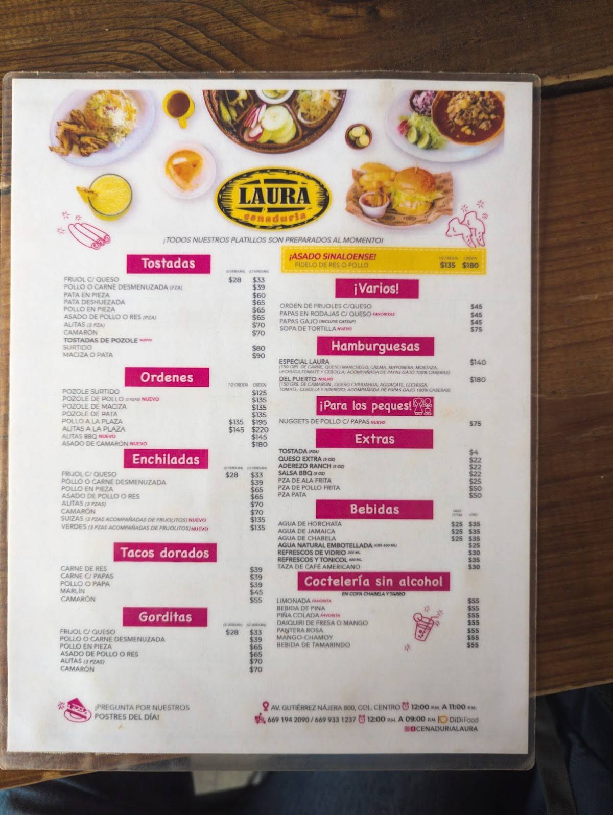 Carta del restaurante cenaduria Laura, Mazatlán, Av Gutiérrez Nájera 800
