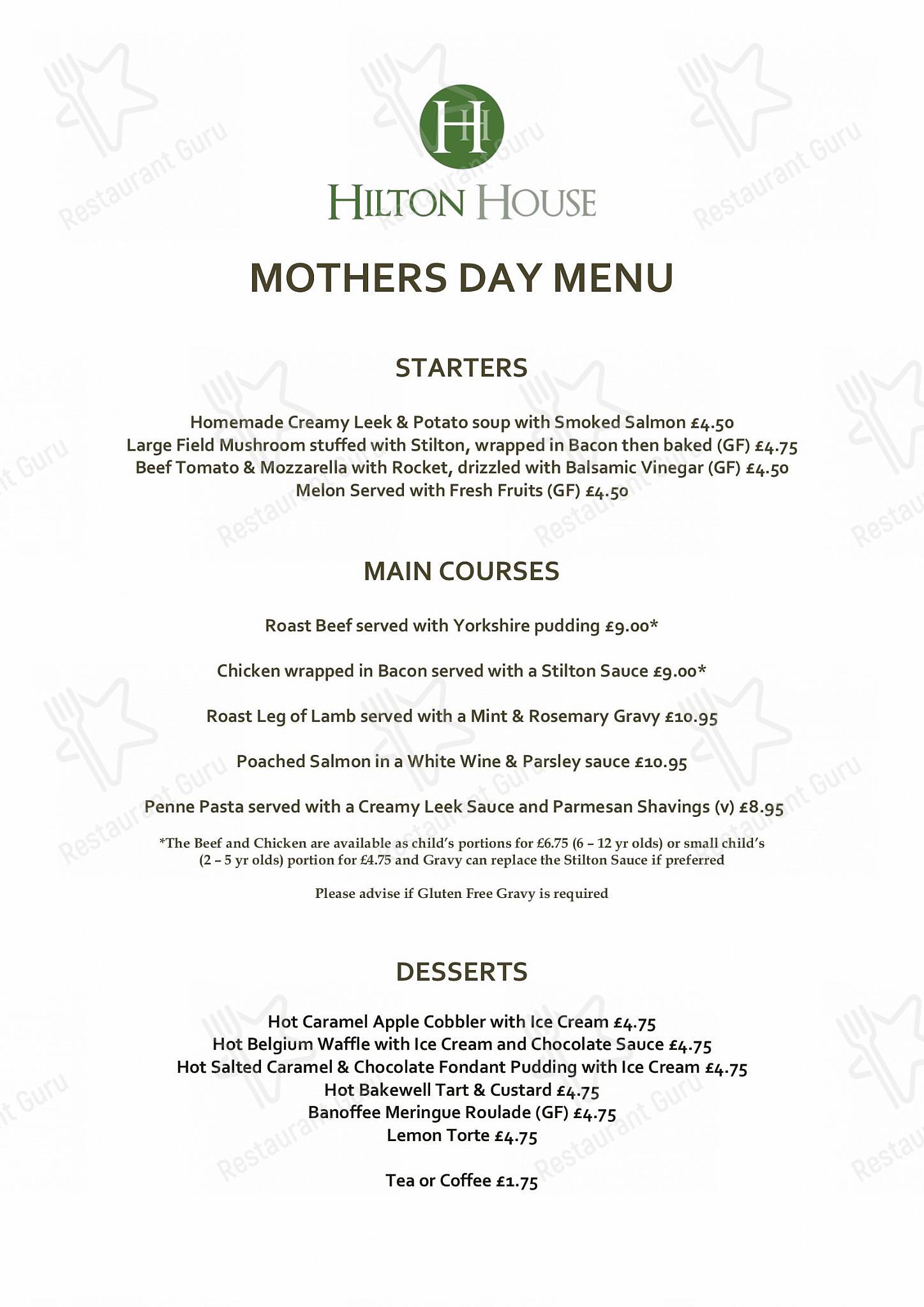 Menu at Hilton House Hotel pub & bar, Burton upon Trent
