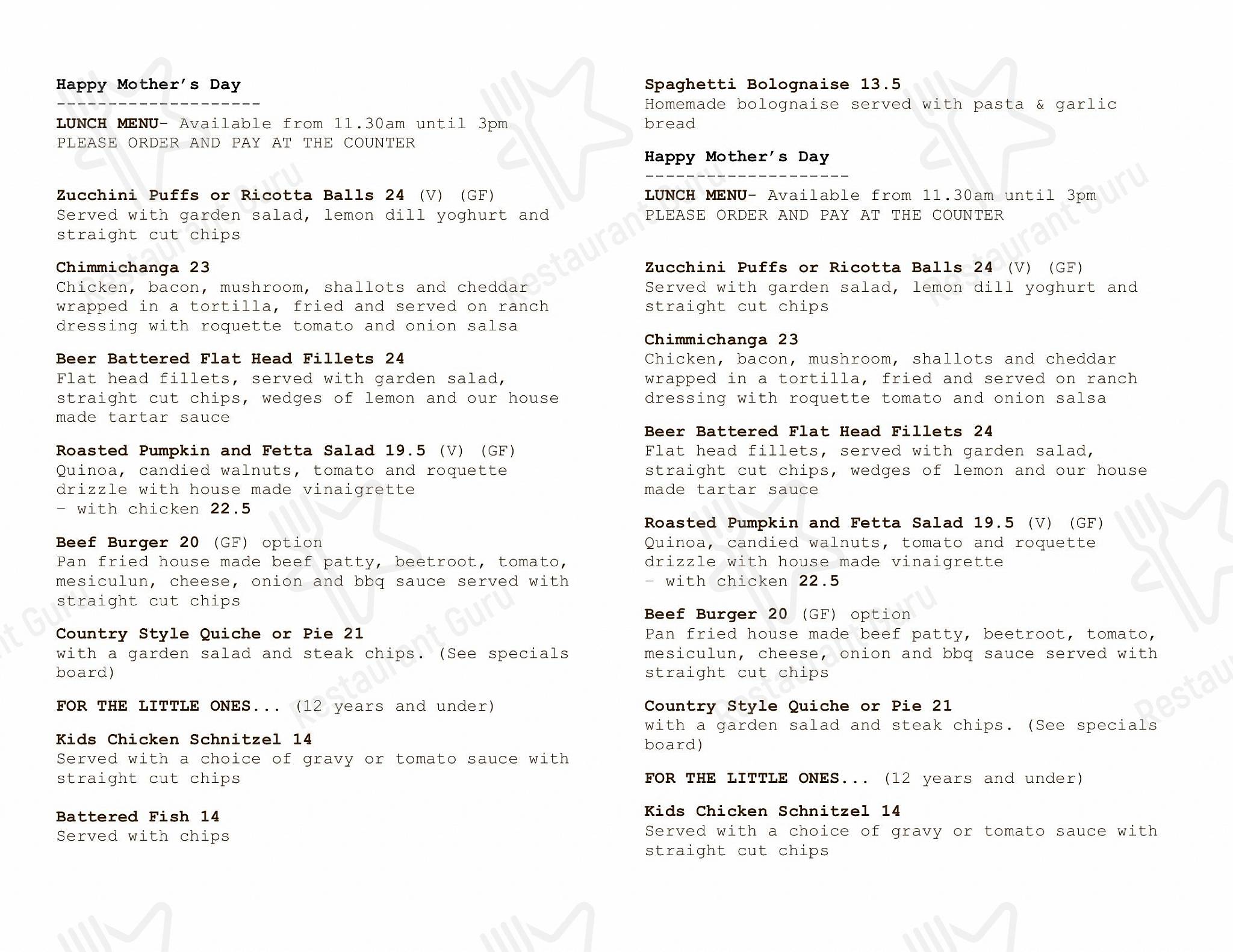 Menu at Tulip's Cafe, Pialligo