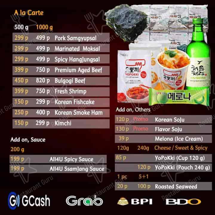 Menu at All4u Unlimited Grill & Shabu Shabu restaurant, Taguig