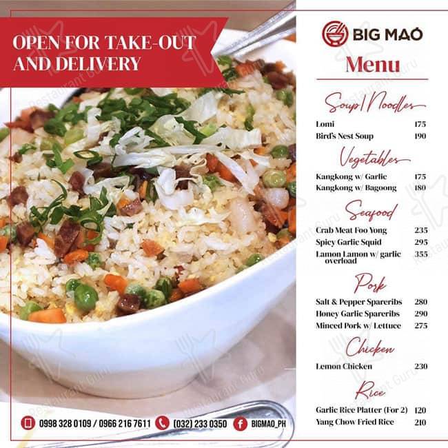 Menu at Big Mao restaurant, Cebu City, 1 Biliran Rd